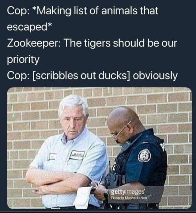 Cop: *Making list of animals that escaped* Zookeeper: The tigers should ...