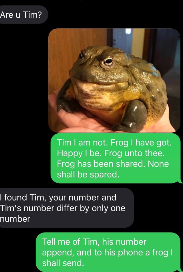 Are u Tim? Tim I am not. Frog I have got. Happy I be. Frog unto thee ...