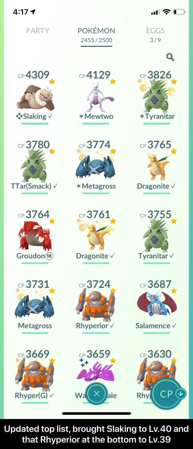 Updated top list, brought Slaking to Lv.40 and that Rhyperior at the ...