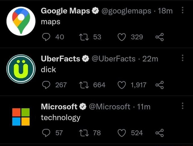 Google Maps @ @googlemaps maps 40 UberFacts @ @UberFacts dick 267 TL 664 1917 Microsoft ...