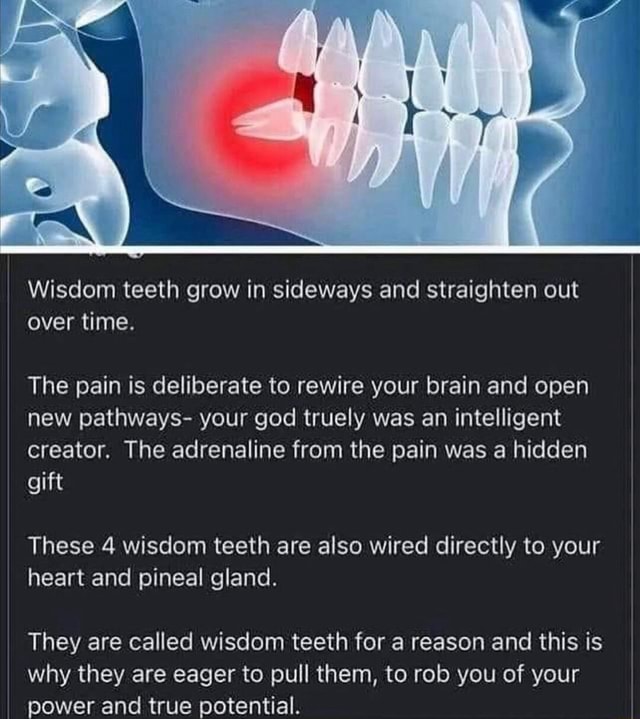 Wisdom teeth grow in sideways and straighten out over time. The pain is ...