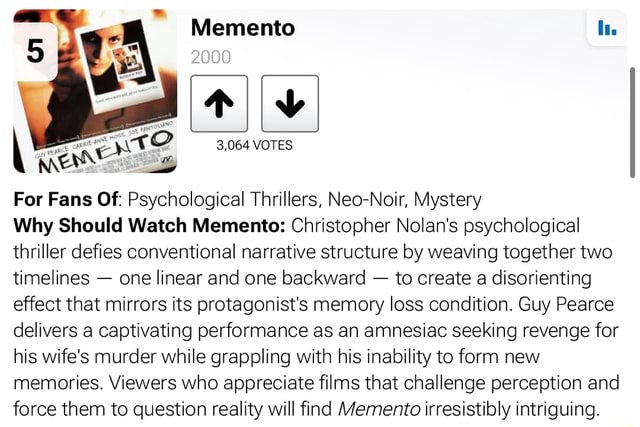 Memento 2000 3,064 VOTES For Fans Of: Psychological Thrillers, Neo-Noir ...