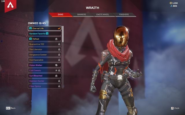144 A WRAITH @1,150 805 SKINS BANNERS. EMOTE WHEEL, FINISHERS OWNED ...