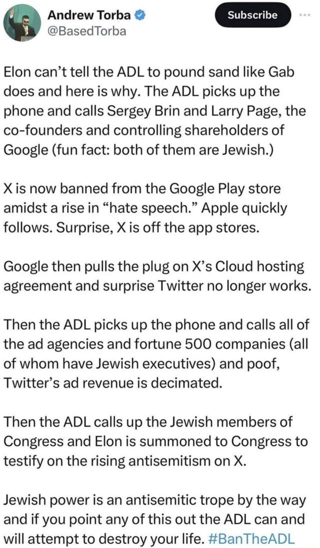Andrew Torba Elon can't tell the ADL to pound sand like Gab does and ...