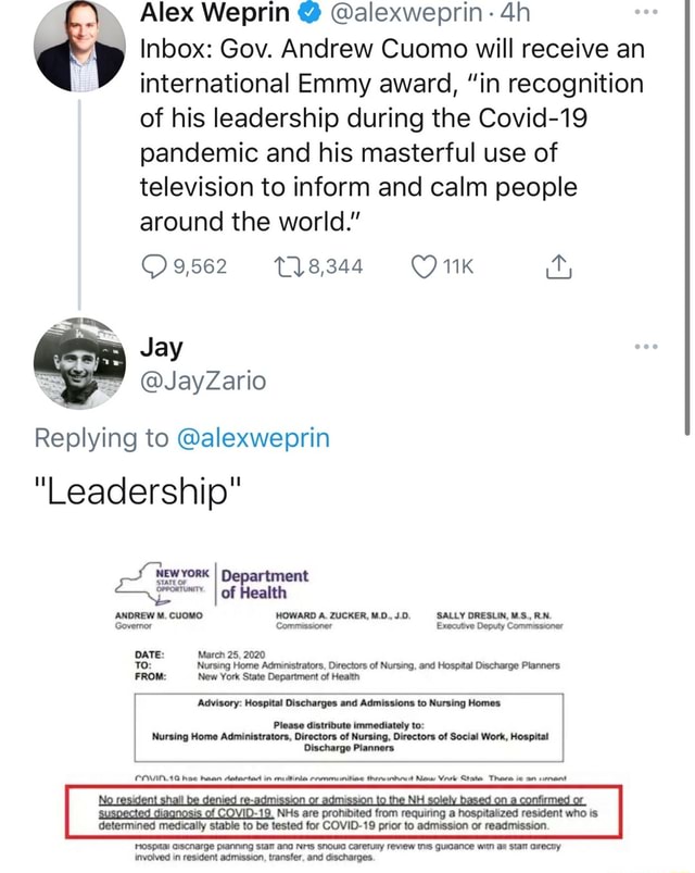 Alex Weprin @ @alexweprin- Inbox: Gov. Andrew Cuomo will receive an ...