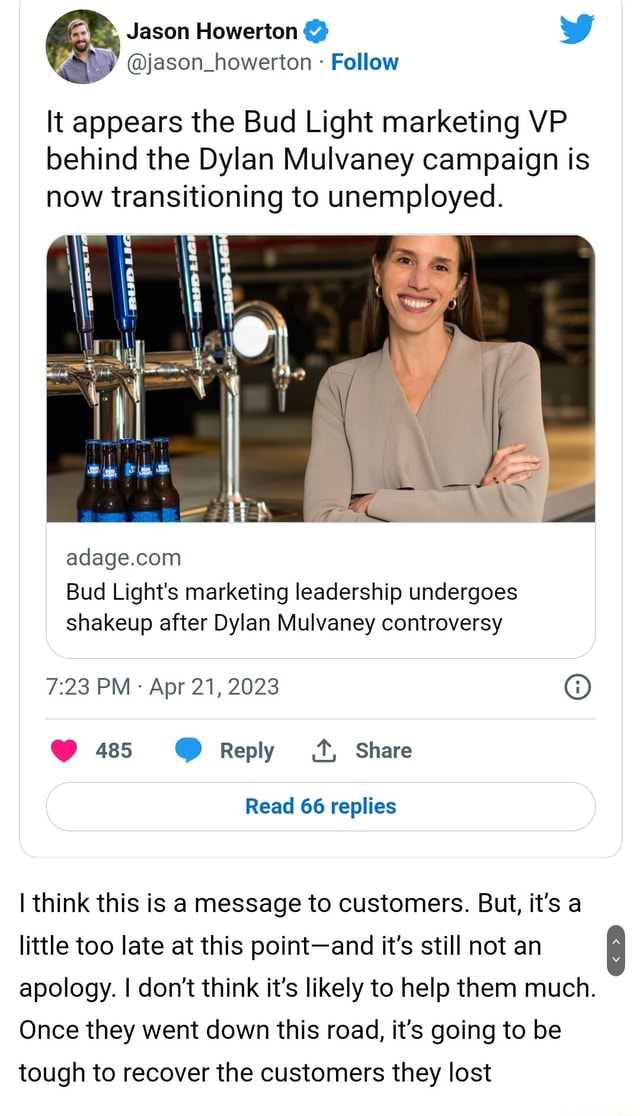 Jason Howerton @jason_howerton Follow It appears the Bud Light marketing VP behind the Dylan ...