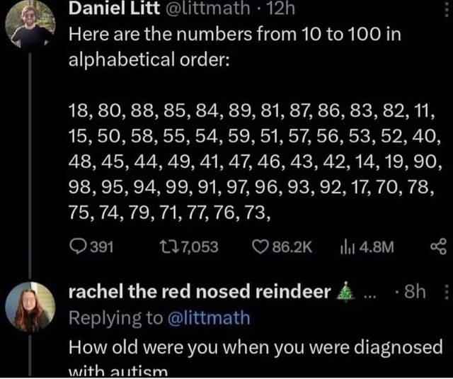 Daniel Litt @littmath Here are the numbers from 10 to 100 in ...