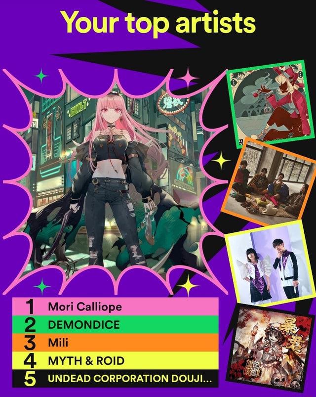 Your top artists Mori Calliope DEMONDICE Mili MYTH & ROID UNDEAD CORPORATION DOUJI... - iFunny