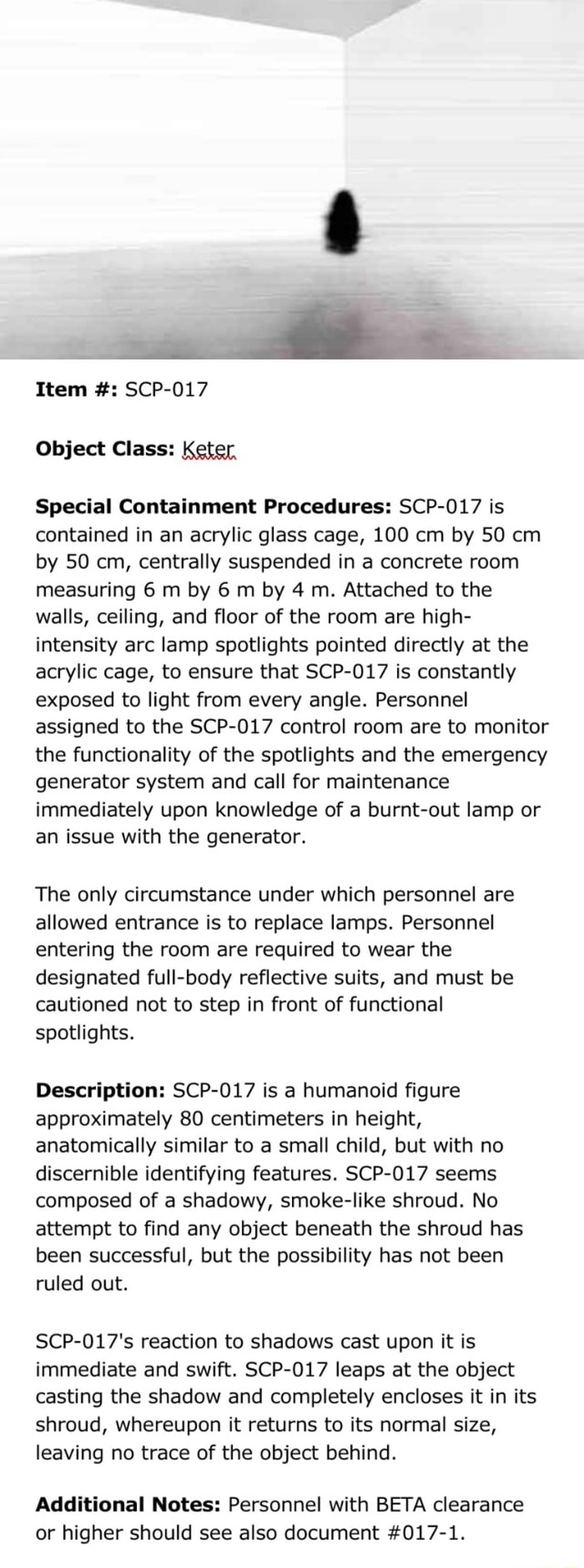 Item SCP-017 Object Class: Keter, Special Containment Procedures: SCP ...