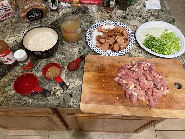 Deconstructed jambalaya. Holy trinity, chicken thigh, sausage, chicken ...