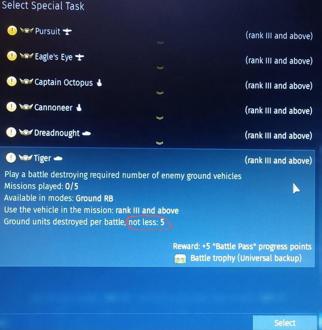 Select Special Task Pursuit (rank and above) Eagle's Eye Se (rank and ...