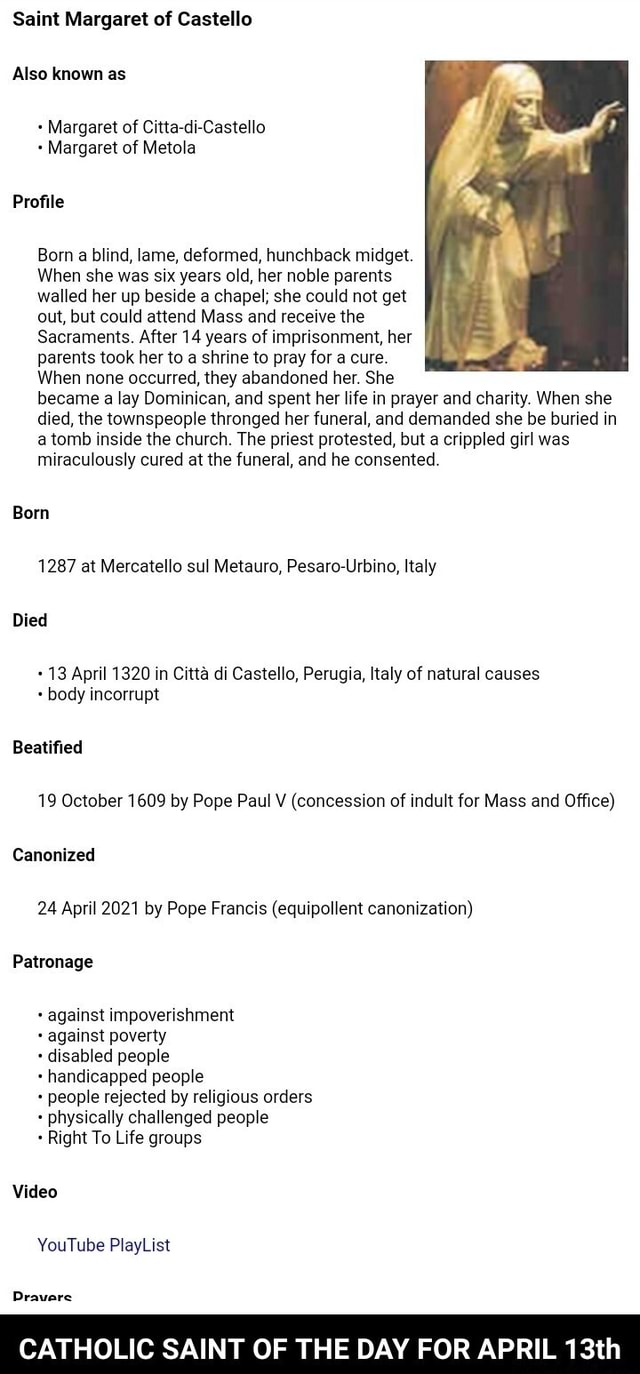 Saint Margaret of Castello Also known as Margaret of Citta-di-Castello ...