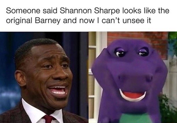 Someone said Shannon Sharpe looks like the original Barney and now I ...