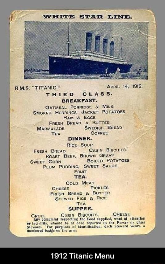 WHITE STAR LINE. RMS. "TITANIC." Apri 14, 1912. THIRD CLASS. BREAKFAST ...