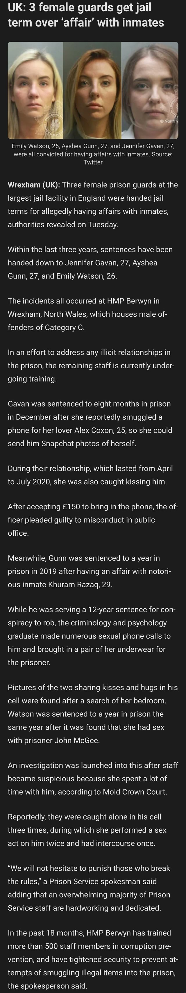 UK: 3 female guards get jail term over 'affair' with inmates Emily ...