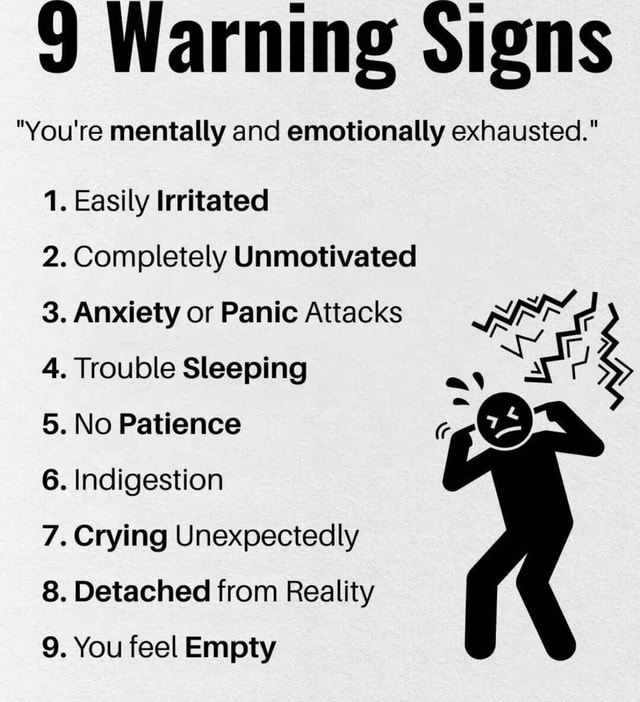 Warning Signs "You're mentally and emotionally exhausted." 1. Easily ...