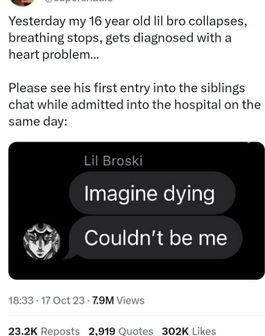 Yesterday my 16 year old lil bro collapses, breathing stops, gets ...