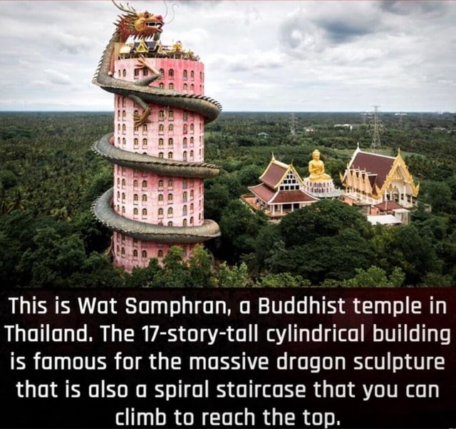 This is Wat Samphran, Buddhist temple in Thailand. The tall cylindrical ...