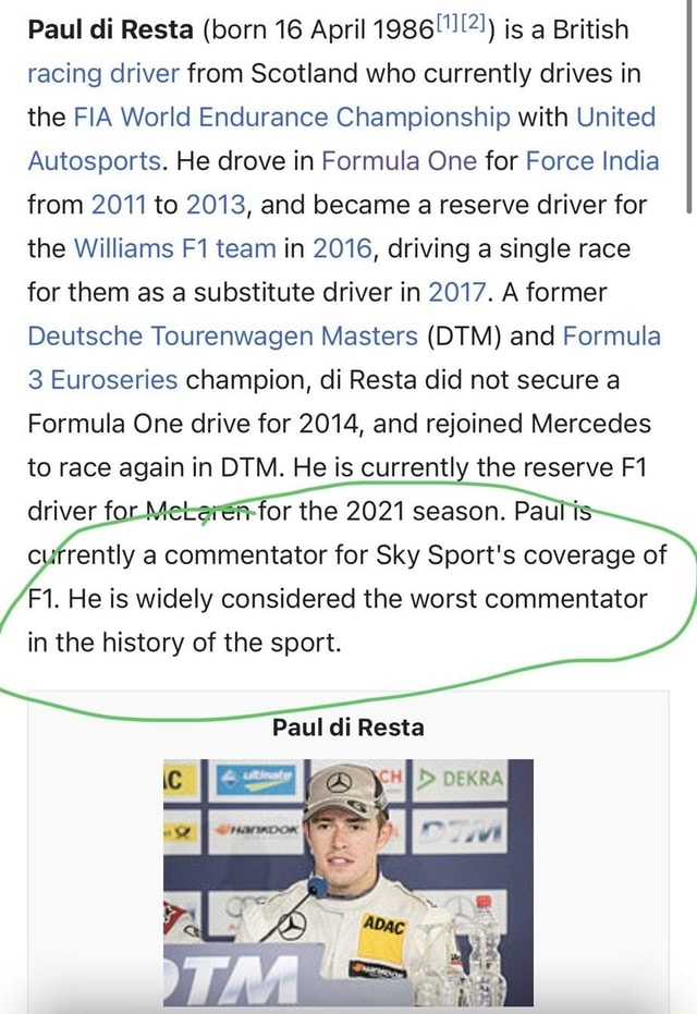 Paul di Resta (born 16 April is a British racing driver from Scotland ...