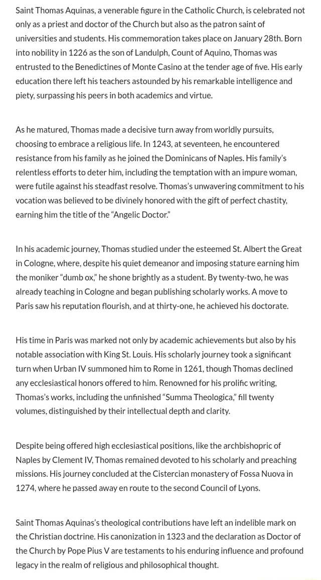 Saint Thomas Aquinas, a venerable figure in the Catholic Church, is ...