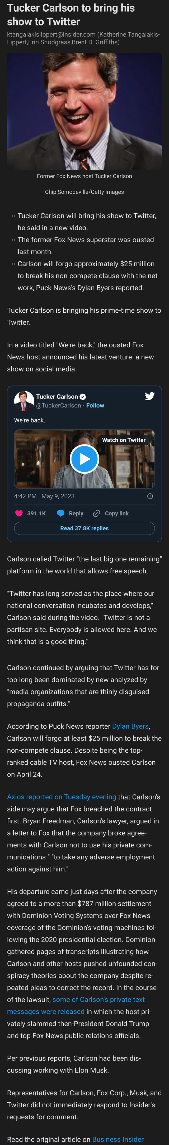 Tucker Carlson to bring his show to Twitter (Katherine Tangalakis ...