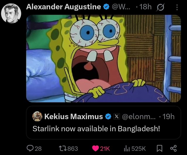 Alexander Augustine @ @W... Kekius Maximus @elonm... Starlink now ...