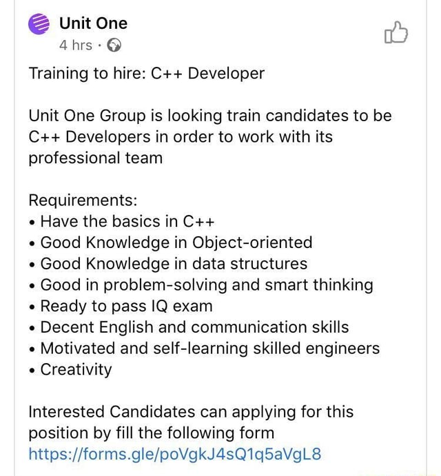 Unit One Training to hire: C++ Developer Unit One Group is looking ...