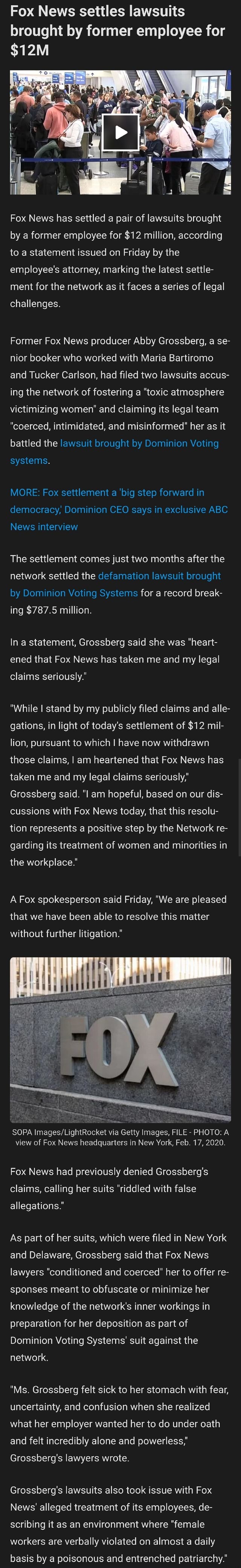 Fox News settles lawsuits brought by former employee for Fox News has ...