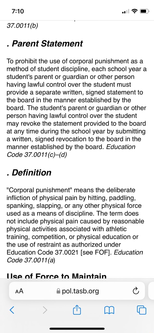 . Parent Statement To prohibit the use of corporal punishment as a ...