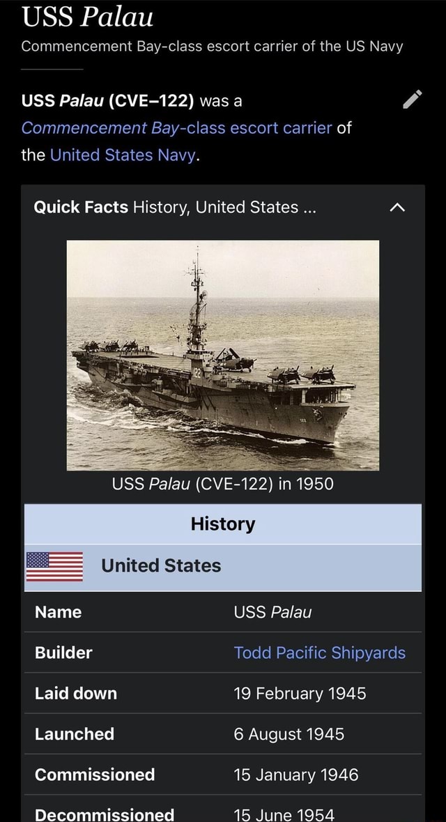 CVE-122 USS Palau - USS Palau Commencement Bay-class escort carrier of ...