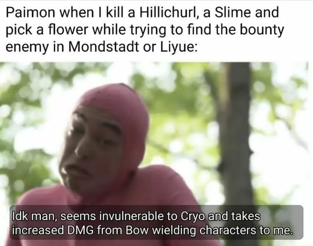 Paimon when kill a Hillichurl, a Slime and pick a flower while trying ...