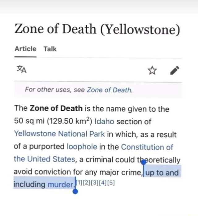 Zone of Death (Yellowstone) Article Talk SA w For other uses, see Zone ...
