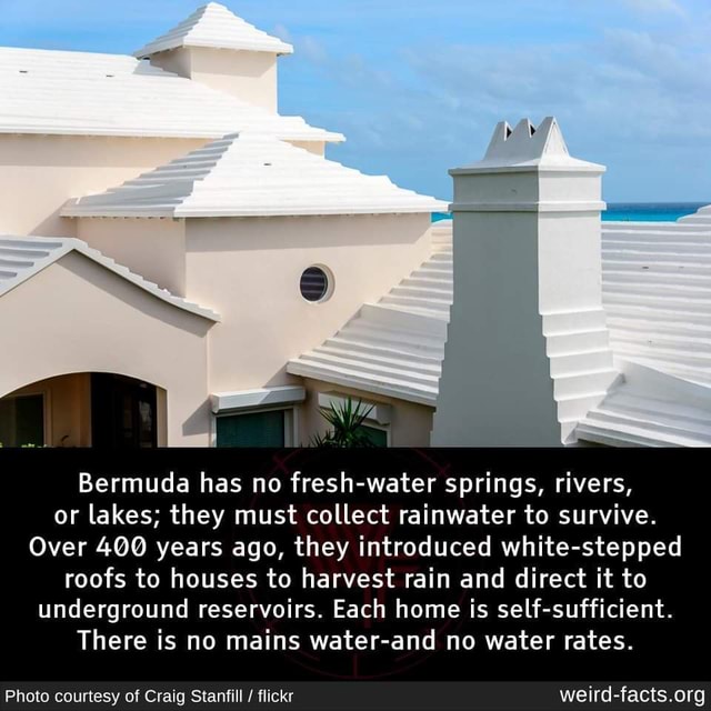Bermuda has no fresh-water springs, rivers, or lakes; they must collect ...
