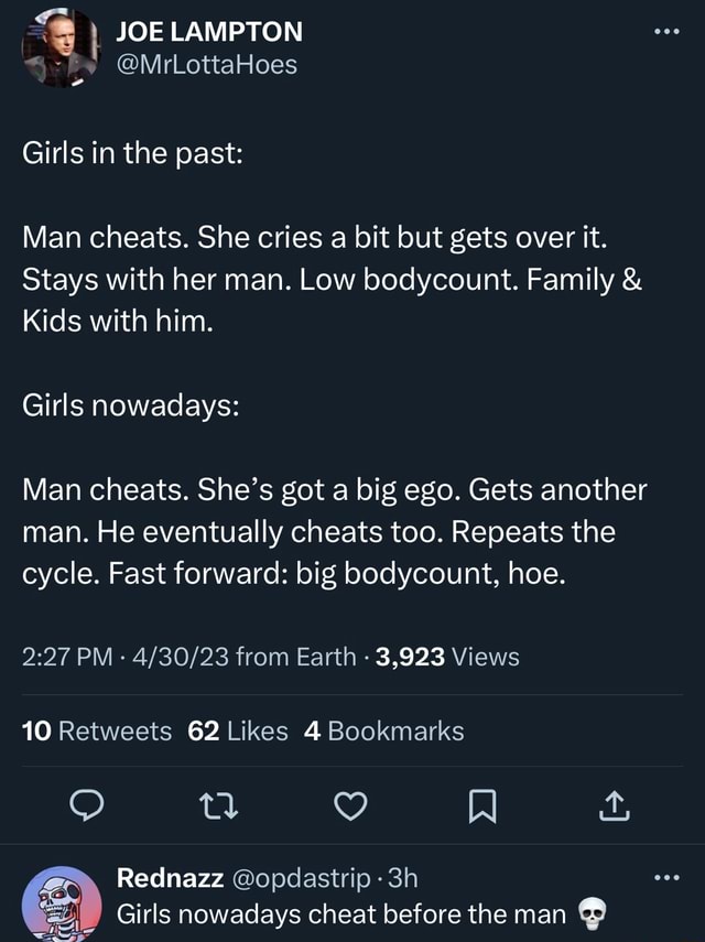 I JOE LAMPTON Girls in the past: Man cheats. She cries a bit but gets ...