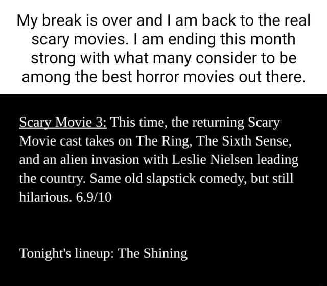 My break is over and I am back to the real scary movies. I am ending ...
