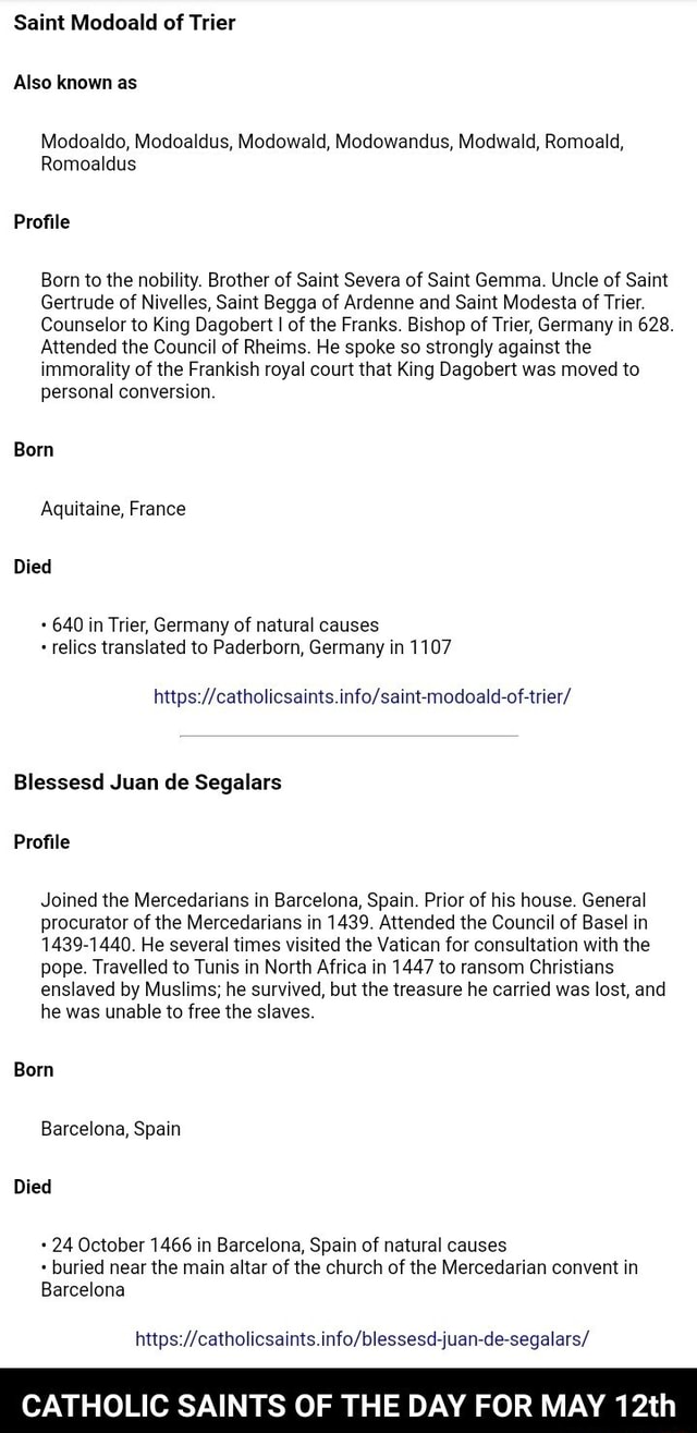 Saint Modoald of Trier Also known as Modoaldo, Modoaldus, Modowald ...