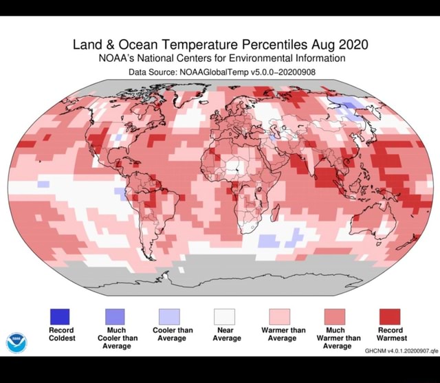 Land & Ocean Temperature Percentiles Aug 2020 NOAA National Centers for ...
