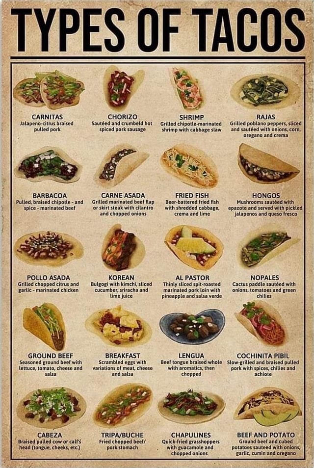 TYPES OF TACOS Jalapeno-citrus braised pulled pork BARBACOA Pulled ...