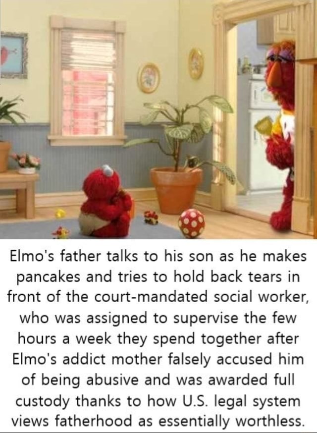 Elmo's father talks to his son as he makes pancakes and tries to hold ...