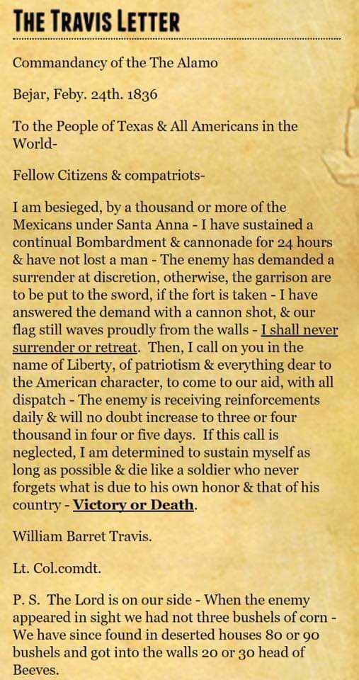 Read and never forget the sacrifice! - THE TRAVIS LETTER Commandancy of ...
