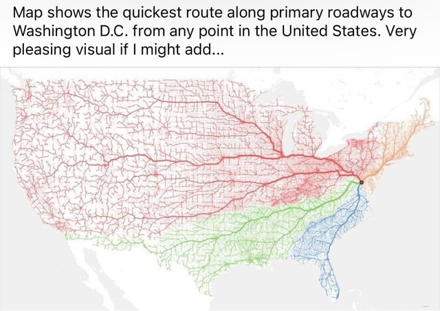 Map shows the quickest route along primary roadways to Washington D.C ...