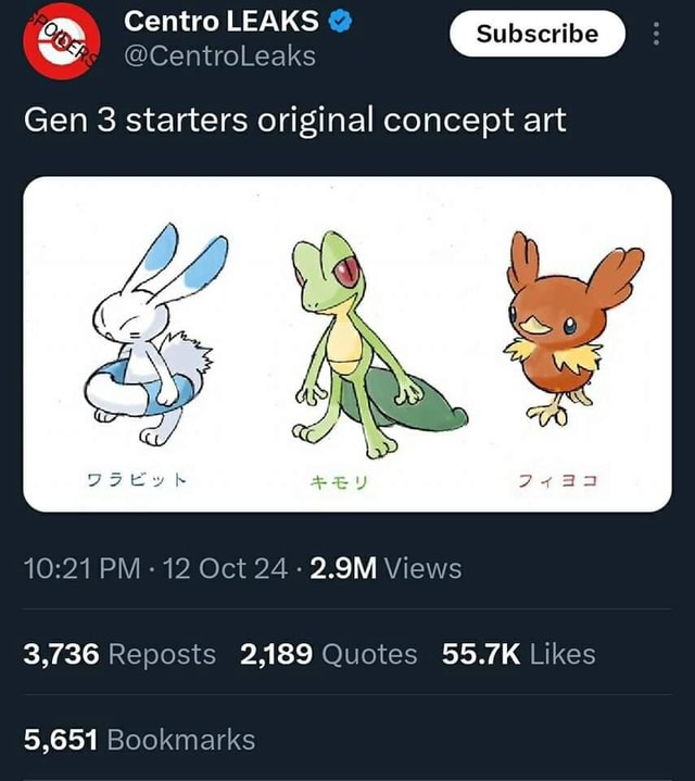 Gen 3 starters original concept art PM -12 Oct 24 - 2.9M Views 3,736 ...