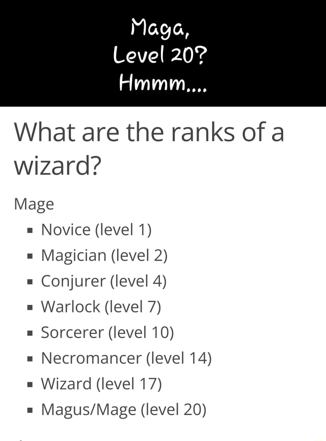 Maga, Level 20? What are the ranks of a wizard? Mage Novice (level 1 ...
