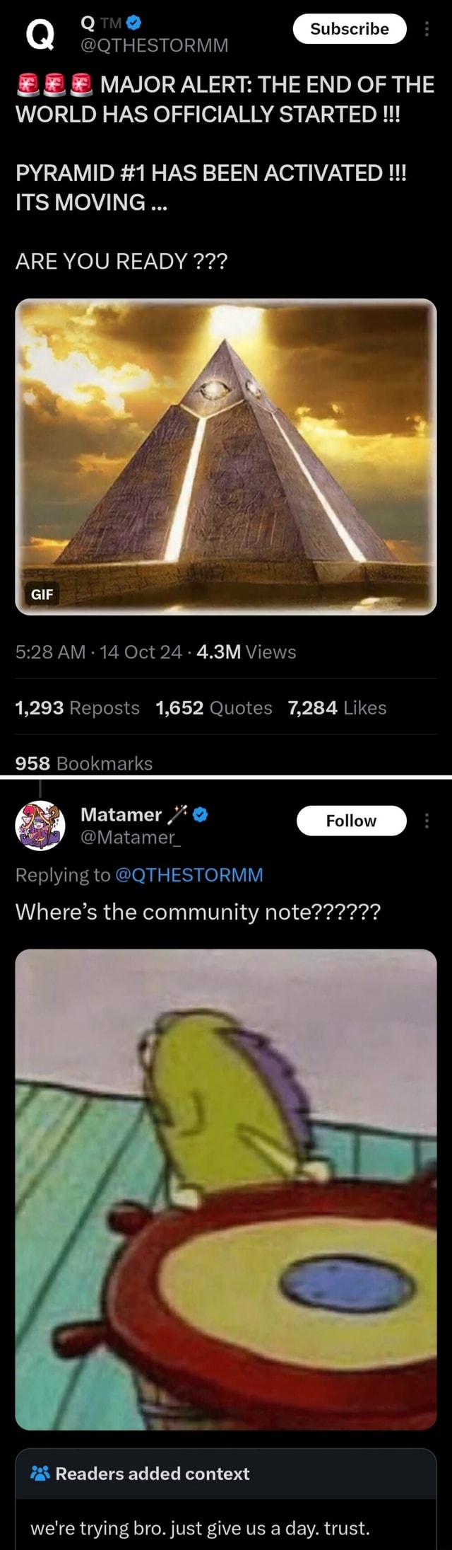 Q TM Subserilse @QTHESTORMM MAJOR ALERT: THE END OF THE WORLD HAS ...