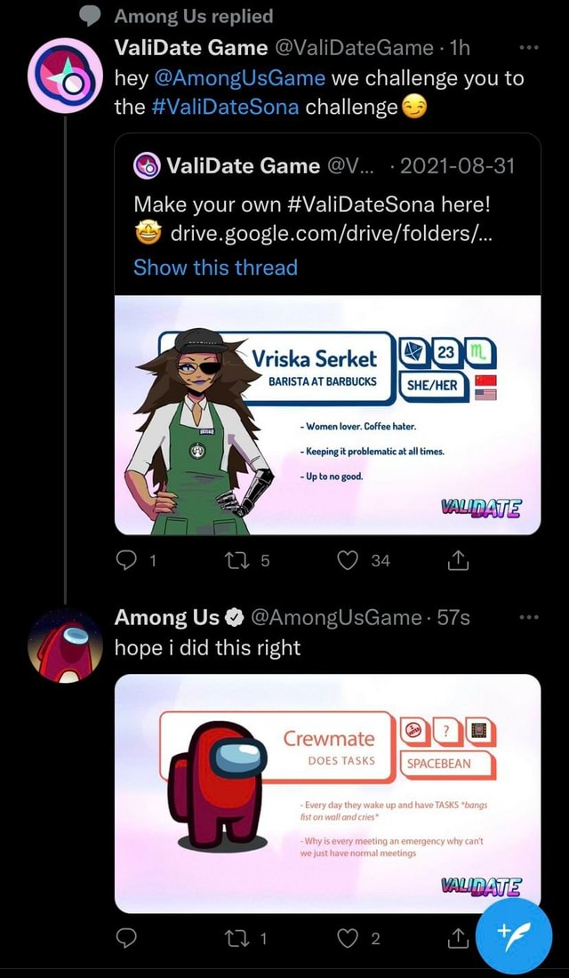 ValiDate Game @ValiDateGame hey @AmongUsGame we challenge you to Among ...