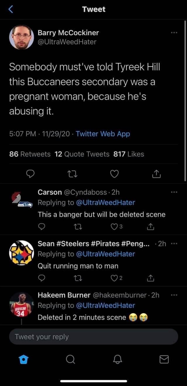 Tweet Barry McCockiner @UltraWeedHater Somebody must've told Tyreek ...