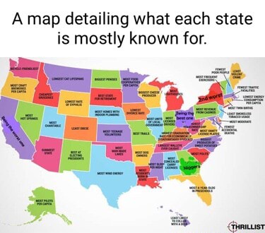 A map detailing what each state is mostly known for. - iFunny
