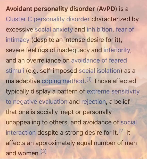 Avoidant personality disorder (AvPD) is a Cluster C personality ...