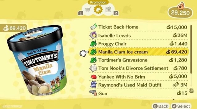 Manila Clam Ice cream Tortimer's Gravestone 31,280 Tom Nook's Divorce ...
