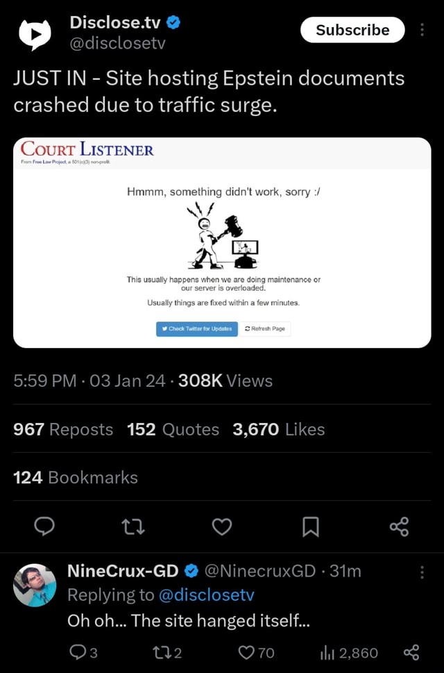 Disclose.tv @ @disclosetv JUST IN - Site hosting Epstein documents ...